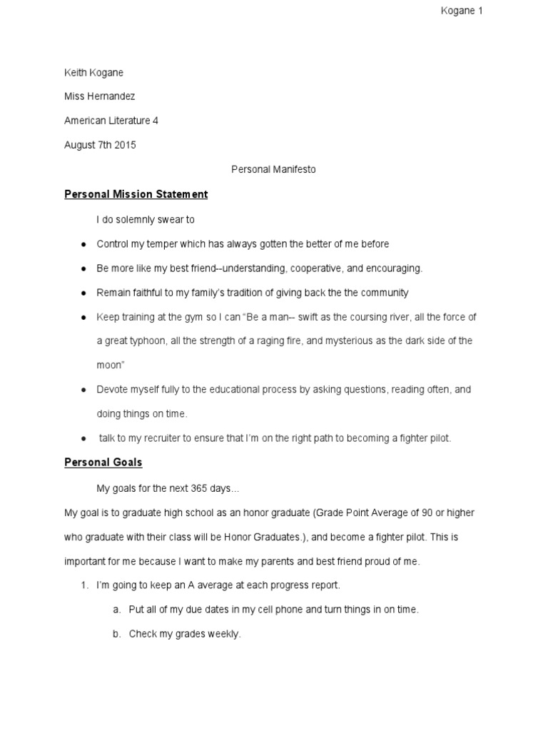 Personal Manifesto Statement Example | PDF