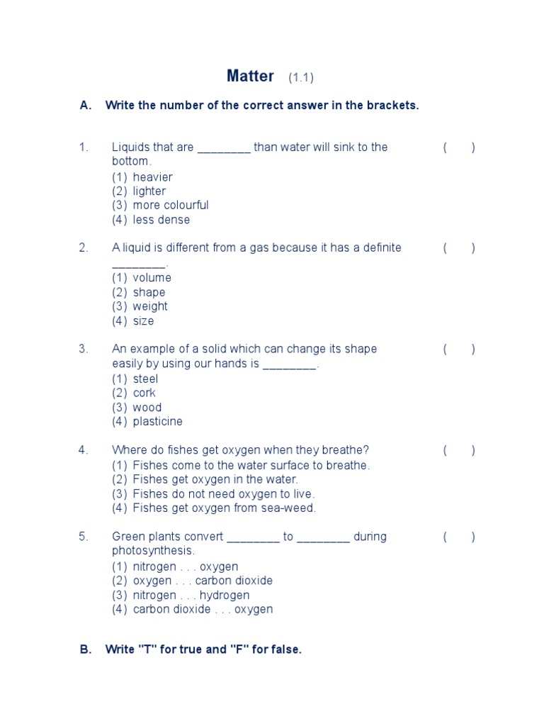 Matter: A. Write The Number of The Correct Answer in The Brackets | PDF