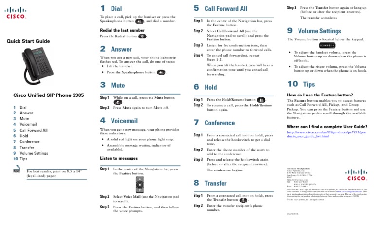 Cisco Unified SIP Phone 3905 Quick Start Guide | PDF | Voicemail ...