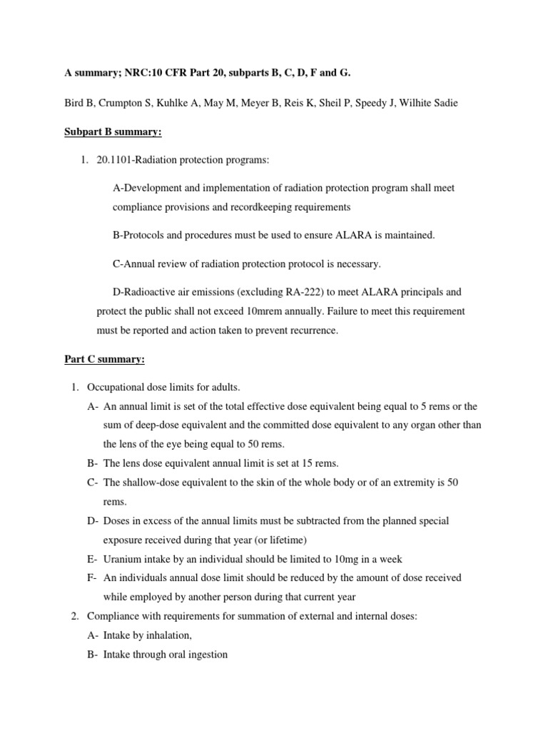 A Summary NRC:10 CFR Part 20, Subparts B, C, D, F and G | PDF ...
