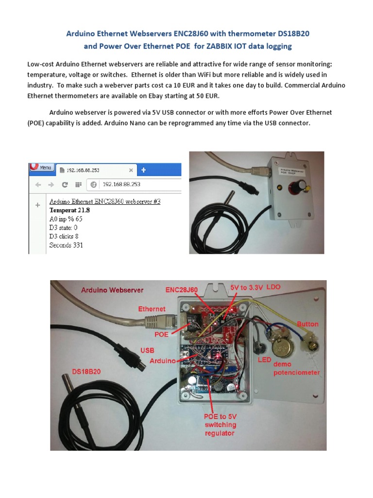 Arduino Ethernet Webservers ENC28J60 With Thermometer DS18B20 and Power Over Ethernet POE For ...