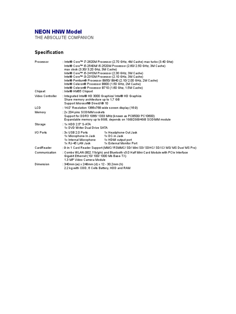 Neon HNW Model: Specification | PDF | Computers
