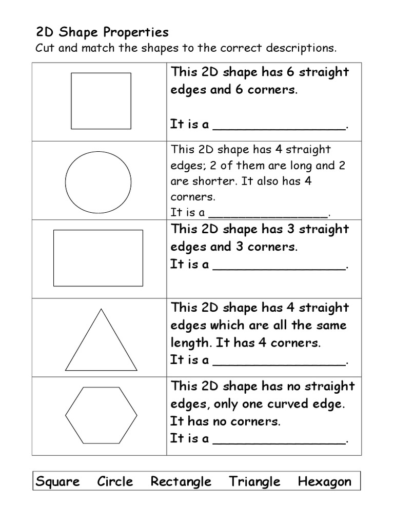 2D Shape Properties: Cut and Match The Shapes To The Correct ...
