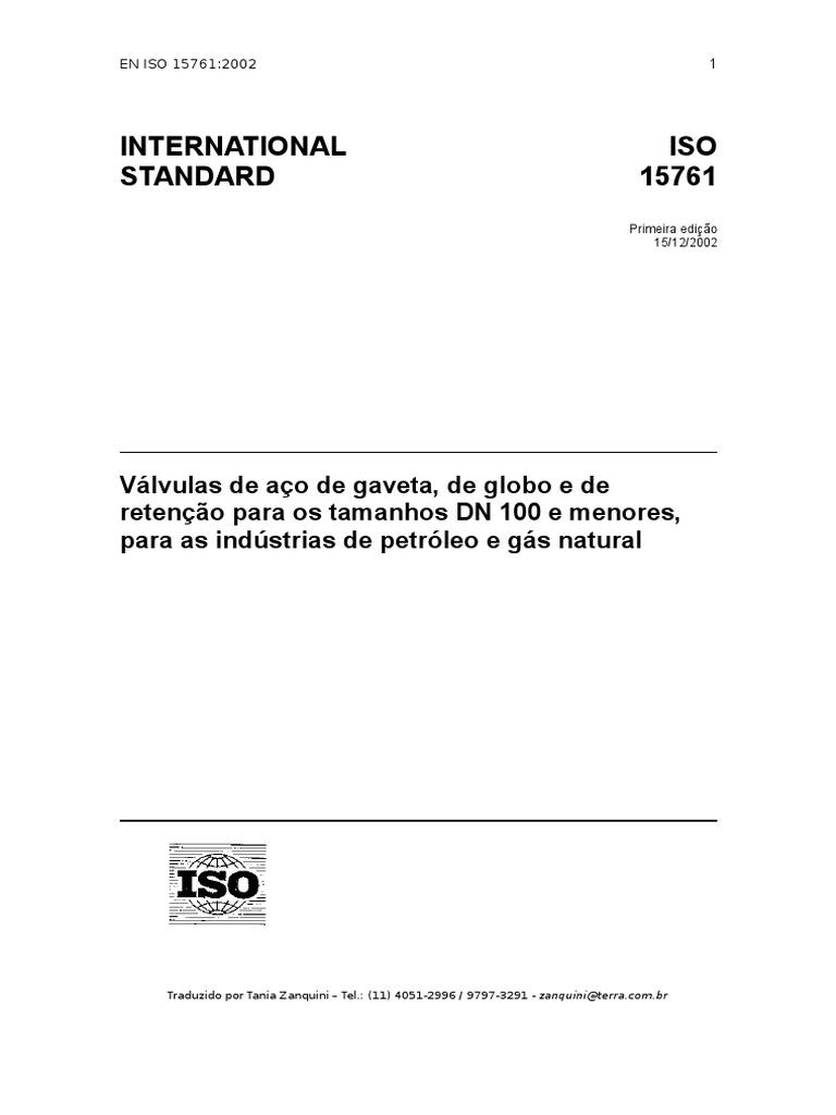 En Iso 15761 - Válvulas Gaveta, Globo e Retenção | PDF | Turismo na ...
