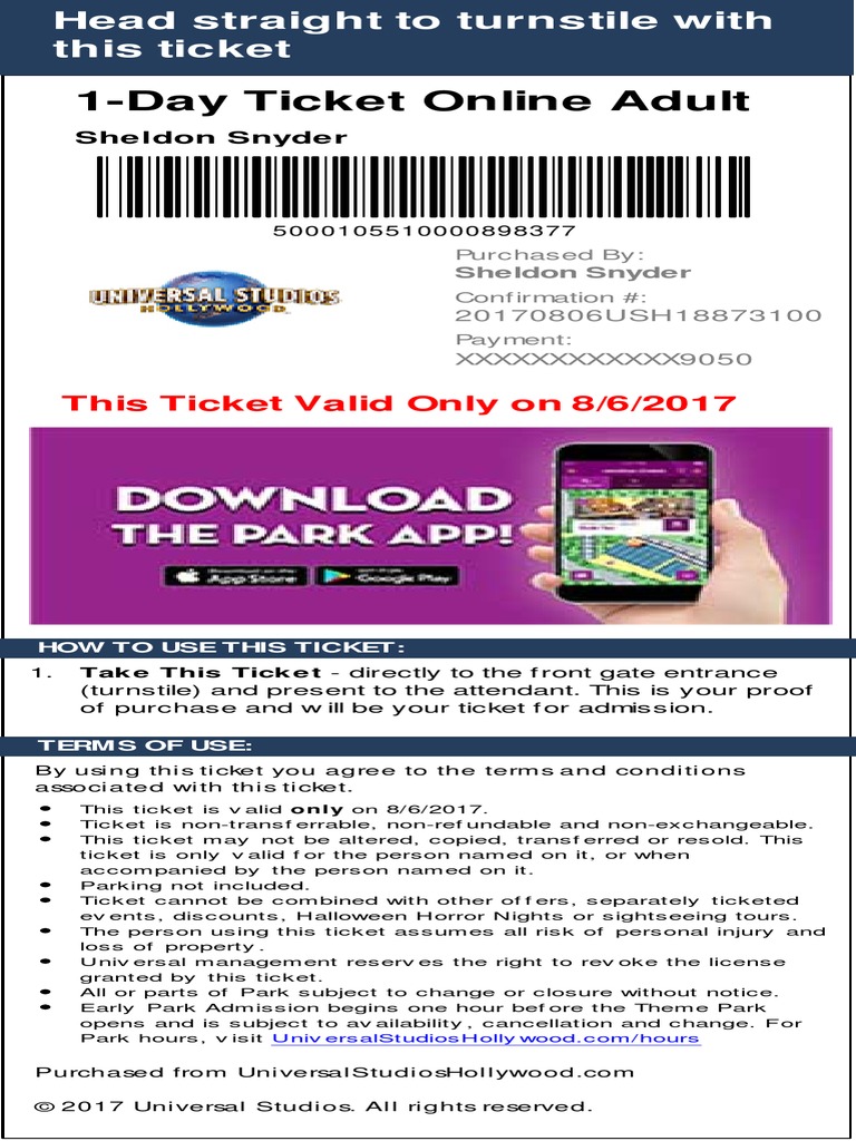 1-Day Ticket Online Adult: This Ticket Valid Only On 8/6/2017 | PDF ...