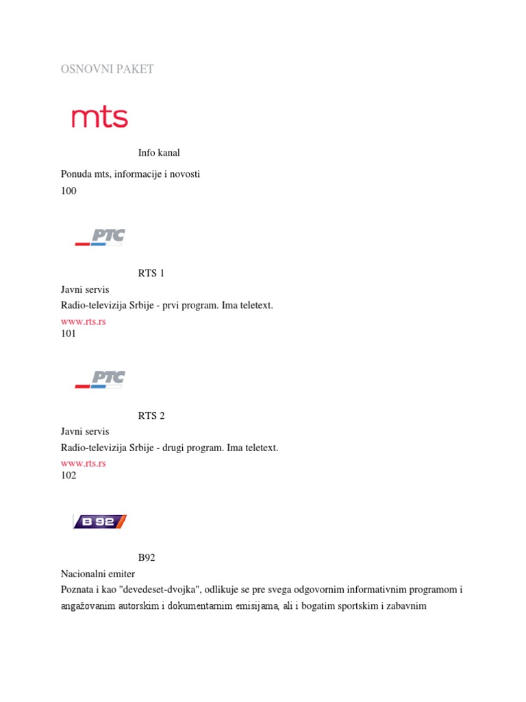 Mts Kanali - Osnovni Paket | PDF