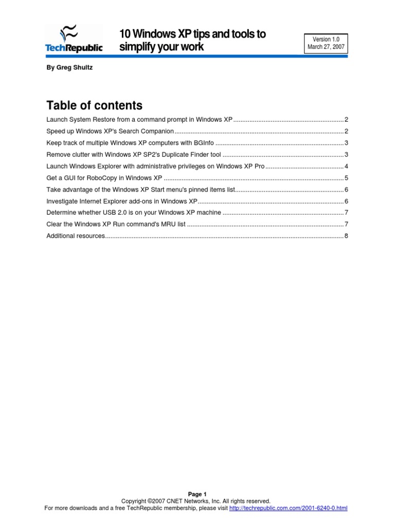 10 Windows XP Tips and Tools To Simplify Your Work: by Greg Shultz | PDF