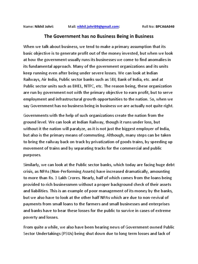Essay The Government Has No Business Being in Business | PDF | Banks ...