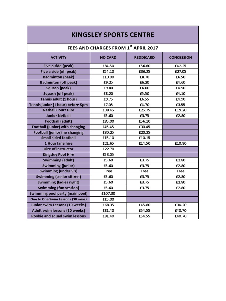 Kingsley Sports Centre Fees and Charges 2017 | PDF