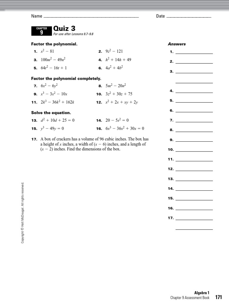 Holt Algebra 1 - Chapter 09 - Quiz 3 | PDF | Algebra | Mathematical Objects