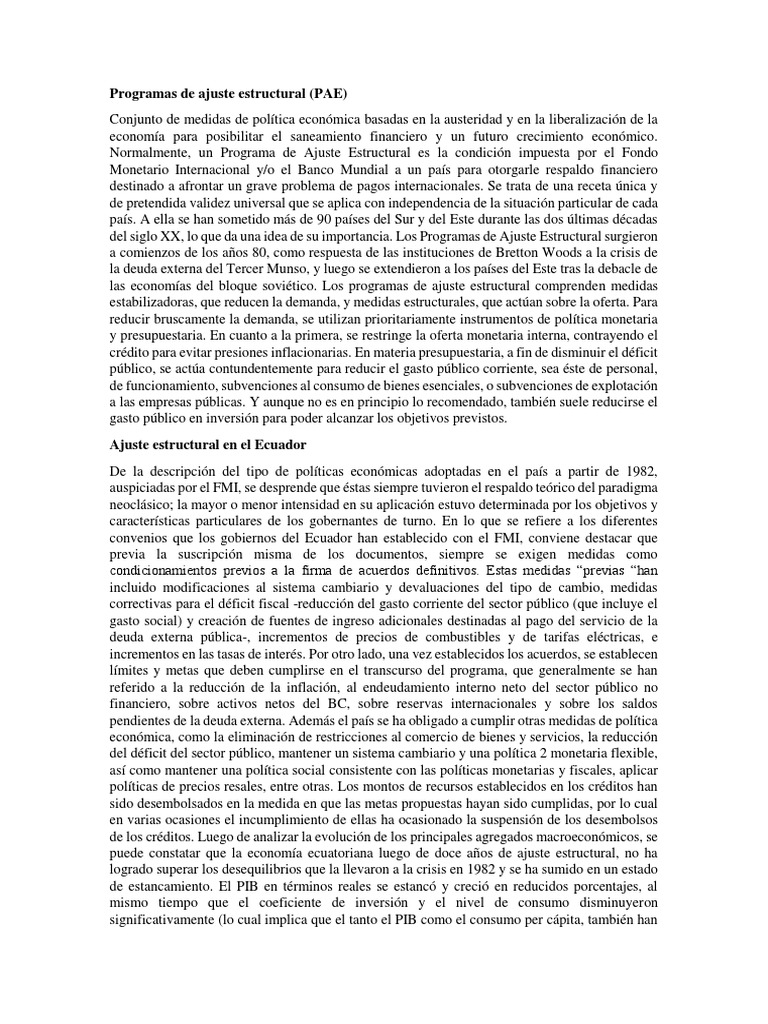 Programas de Ajuste Estructural Aplicados en El Ecuador | PDF | Ajuste ...