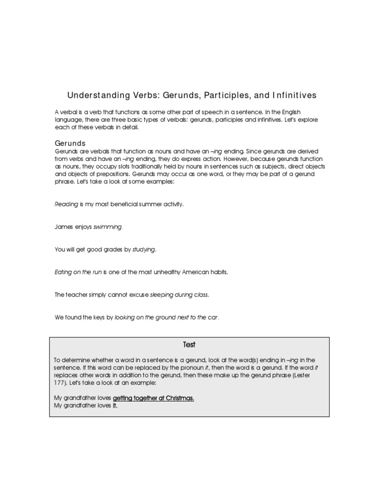 Verbs Gerunds Infinitive Participle | PDF | Verb | Adjective