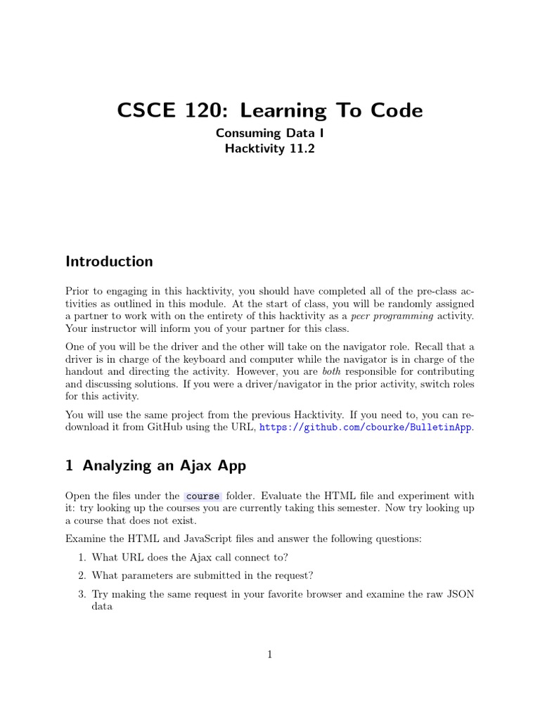 CSCE 120: Learning To Code: Consuming Data I Hacktivity 11.2 | PDF | Ajax (Programming) | Json