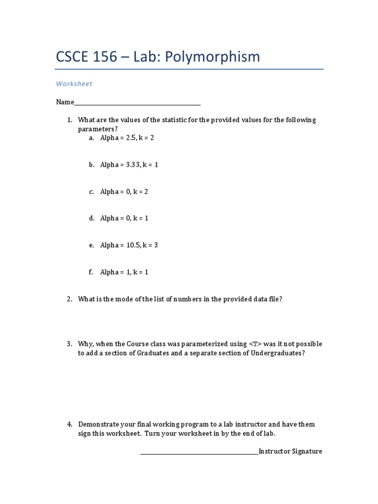 CSCE 156 - Lab: Polymorphism: Worksheet | PDF | Statistical Theory ... CSCE 156 - Lab: Polymorphism: Worksheet | PDF | Statistical Theory ...