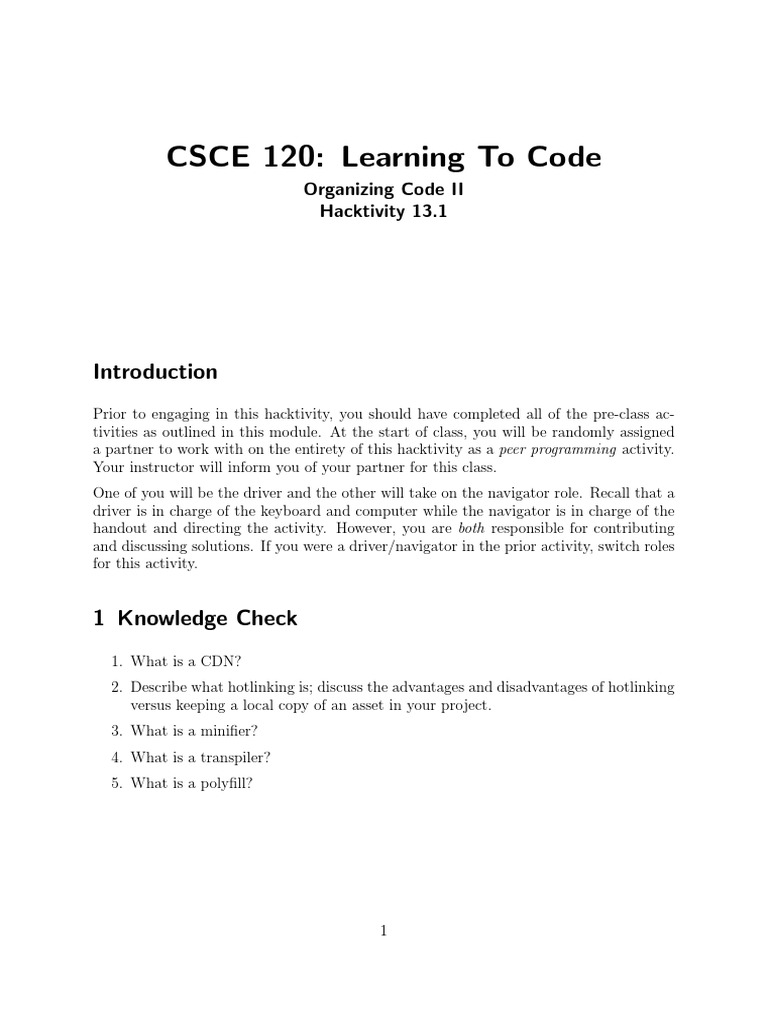 CSCE 120: Learning To Code: Organizing Code II Hacktivity 13.1 | PDF ... CSCE 120: Learning To Code: Organizing Code II Hacktivity 13.1 | PDF ...
