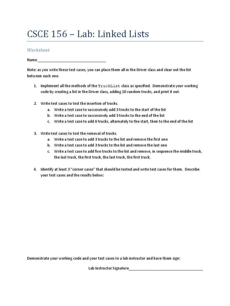 CSCE 156 - Lab: Linked Lists: Worksheet | PDF | Computer Programming | Computing