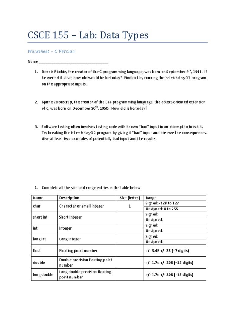 Lab DataTypes Worksheet PDF | PDF | Integer (Computer Science) | C (Programming Language)