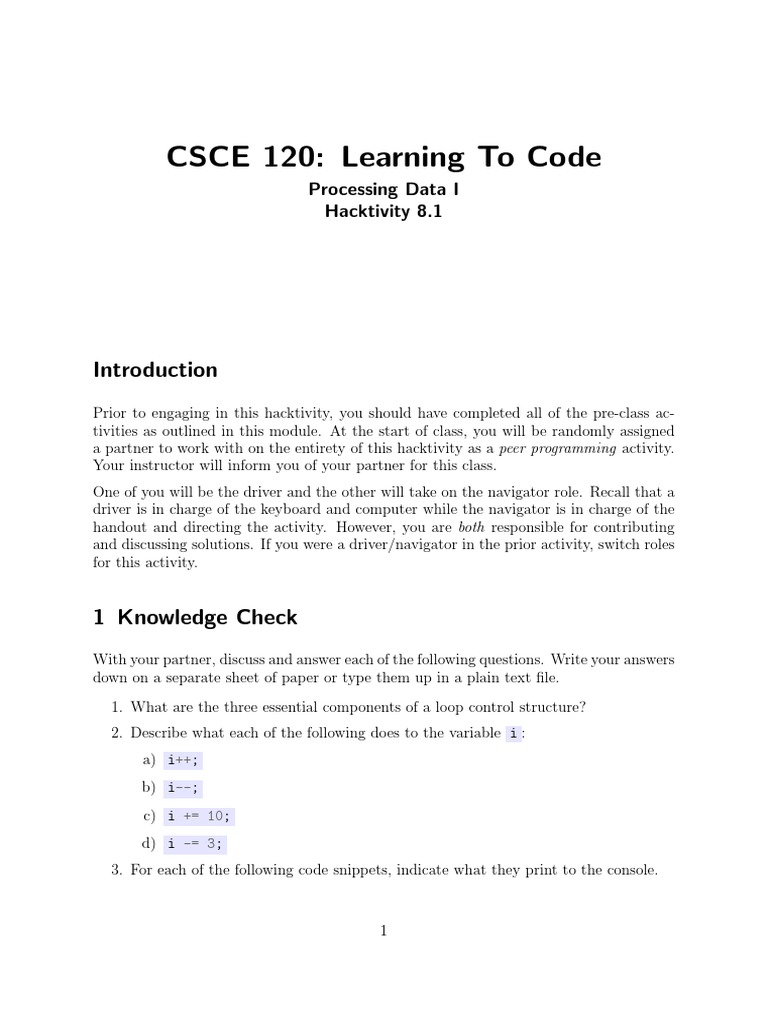CSCE 120: Learning To Code: Processing Data I Hacktivity 8.1 | PDF ...