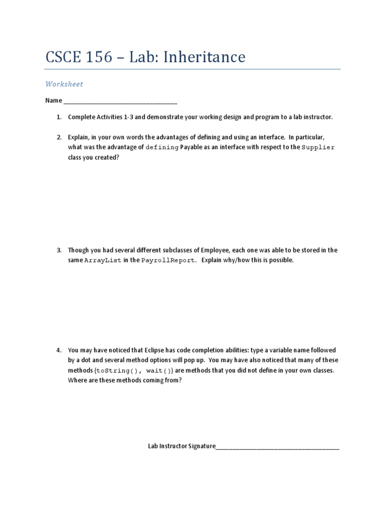 Inheritance Lab Worksheet for CSCE 156 | PDF