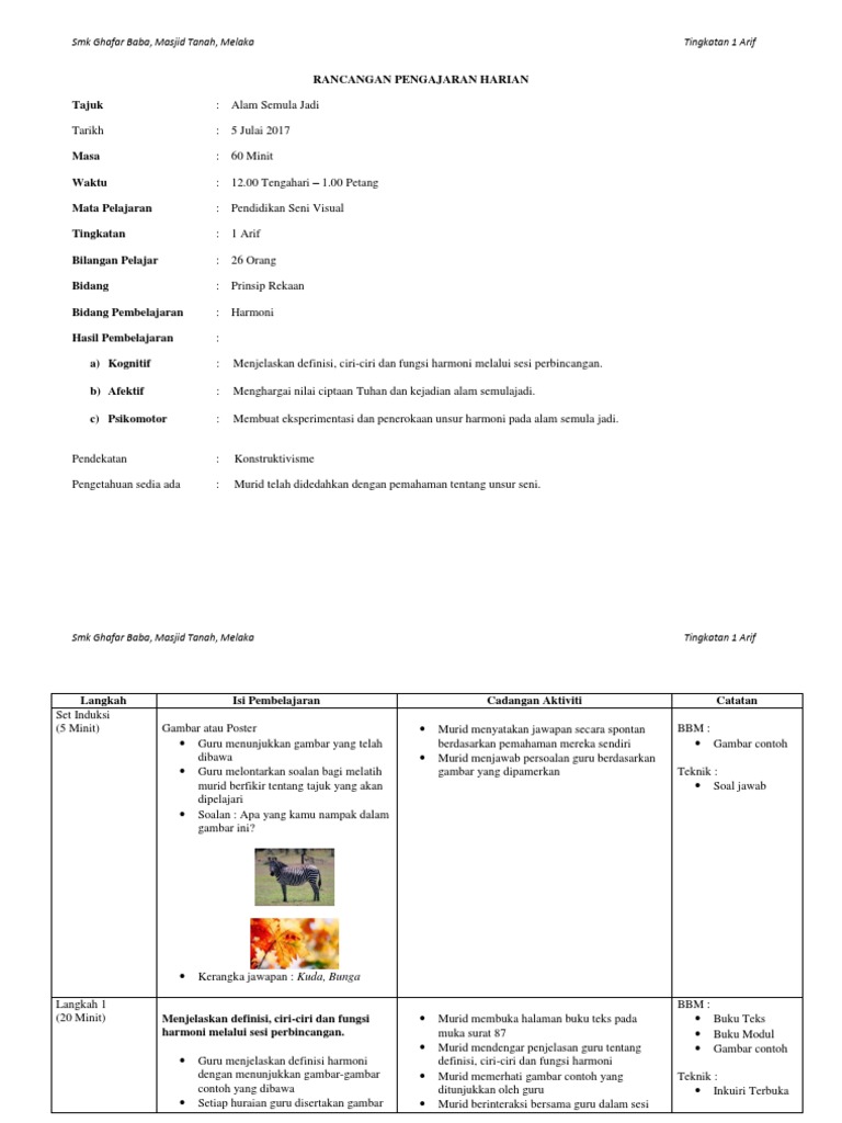 RPH Seni Tingkatan 1 Harmoni | PDF