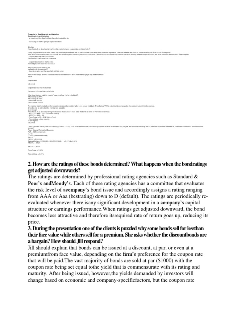 Transcript of Bond Analysis and Valuation | PDF | Bonds (Finance ...