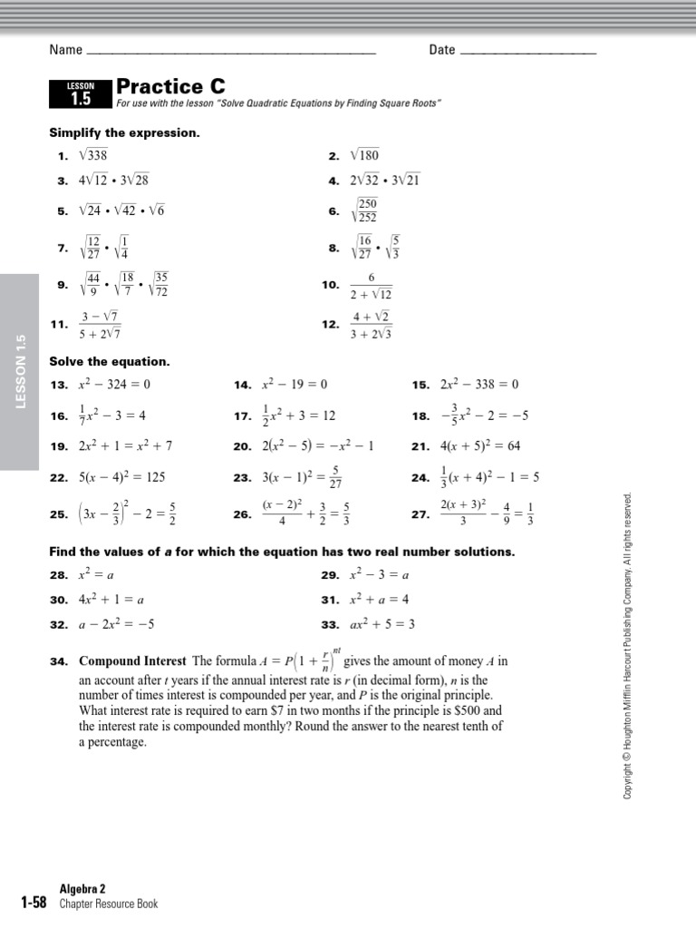 1-5 Practice - C | PDF | Quadratic Equation | Applied Mathematics