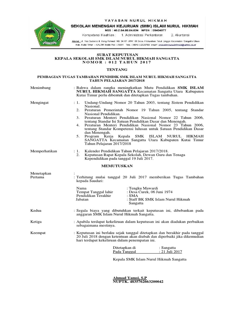 SK Tugas Tambahan Guru BK | PDF