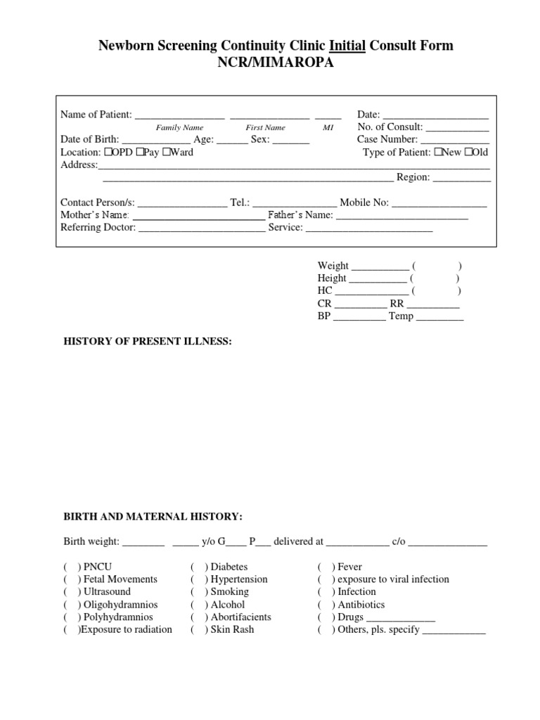 Newborn Screening Continuity Clinic Initial Consult Form Ncr/Mimaropa ...