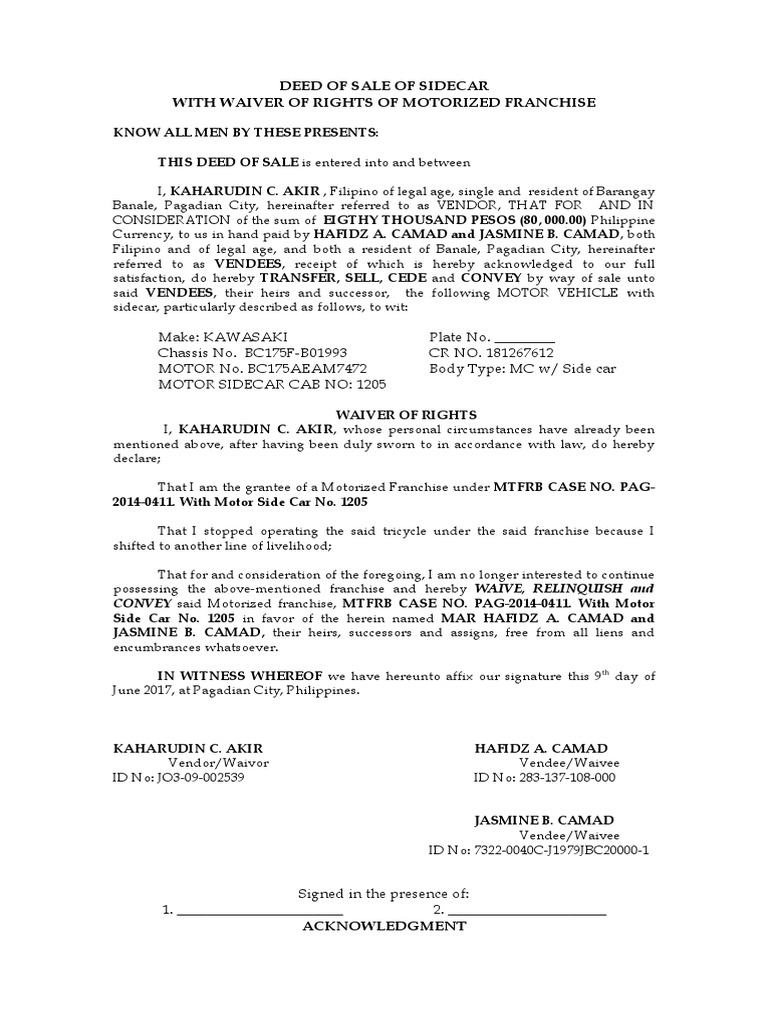 Deed of Sale of Sidecar - Doc 2 | PDF | Deed | Natural Resources Law