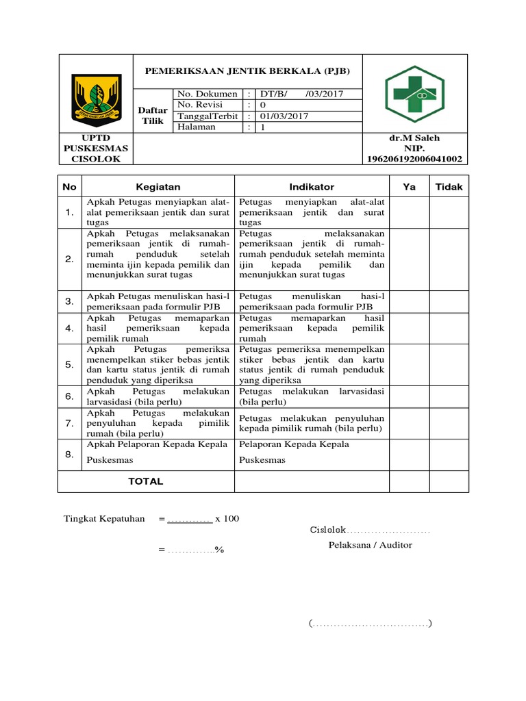 Daftar Tilik Pemeriksaan Jentik Nyamuk