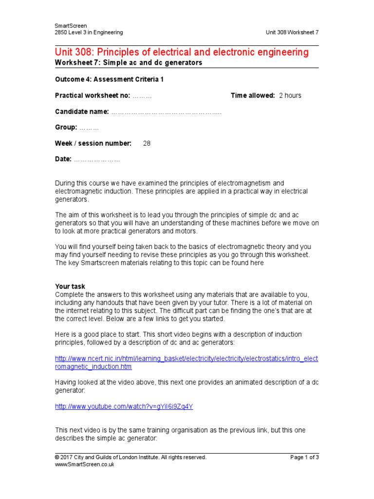 2850 L3u308 Worksheet 07 | PDF | Electric Generator | Alternating Current