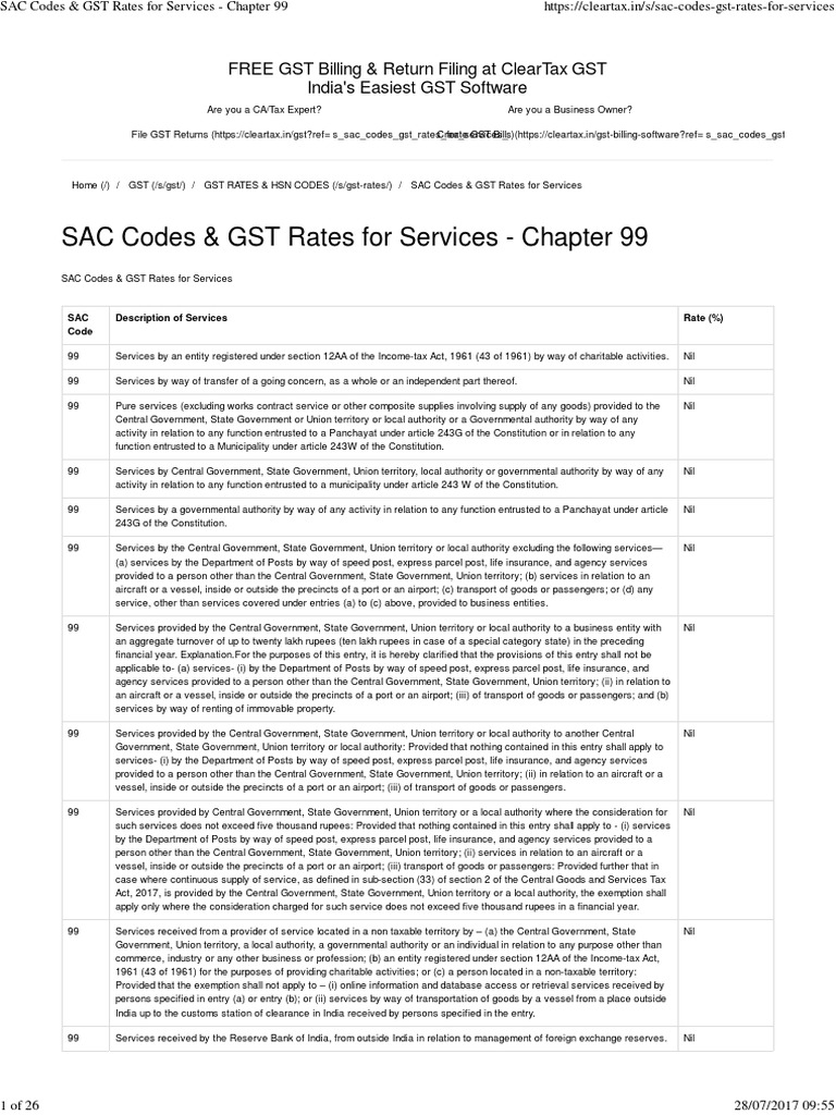 SAC Codes & GST Rates for Services - Chapter 99 | Containerization ...
