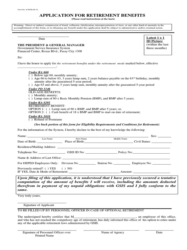 GSIS Retirement Benefits Application Form | PDF | Life Annuity | Pension