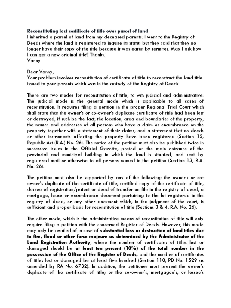 Reconstituting Lost Land Title Certificate | PDF | Deed | Mortgage Law