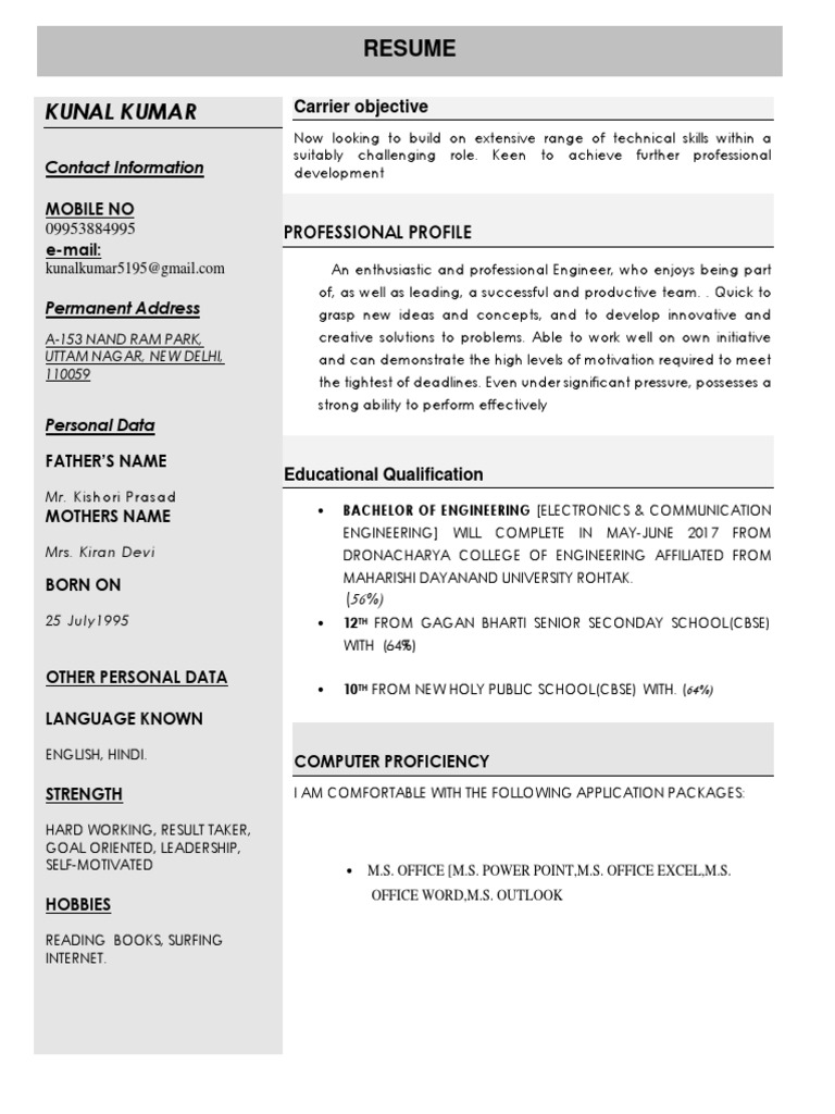 Kunal Kumar: Resume | PDF | Communication | Science And Technology