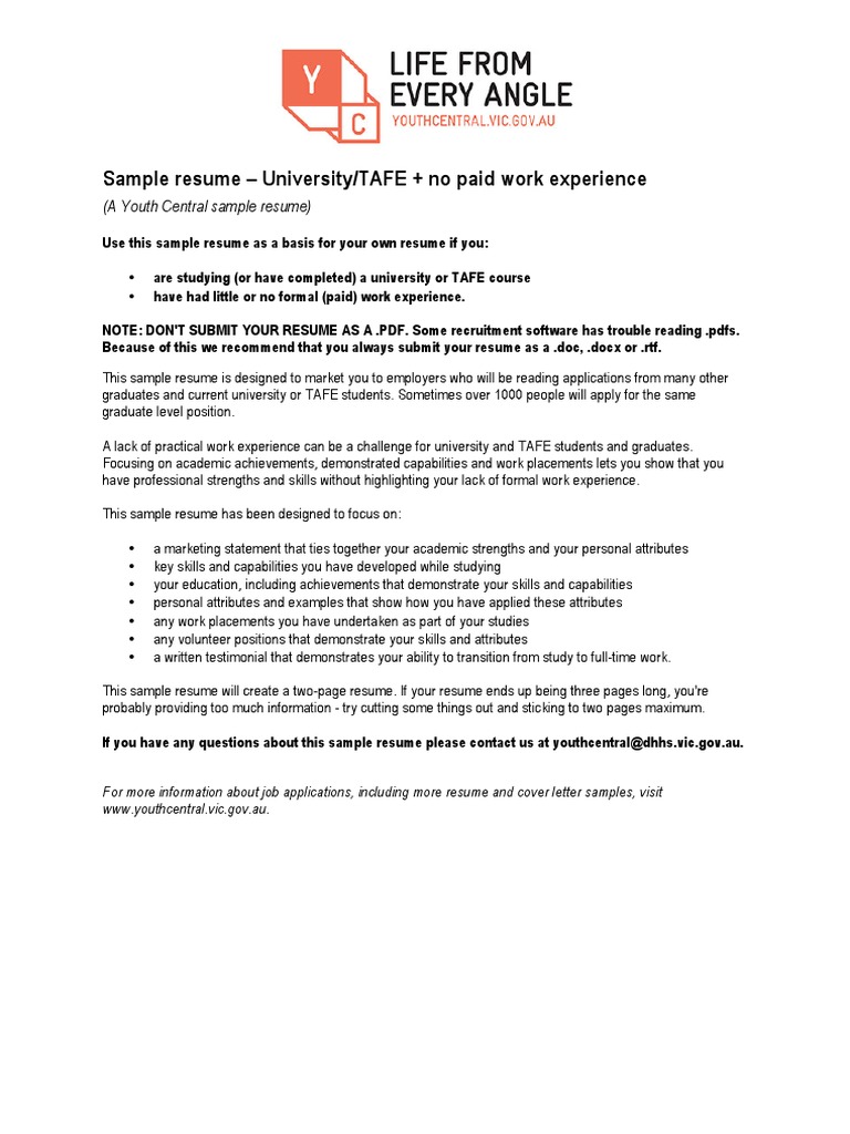 YouthCentral Resume Uni TAFE No Work Exp March 27 2017 | Résumé ...