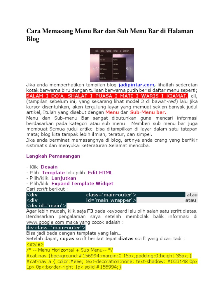 Cara Memasang Menu Bar Dan Sub Menu Bar Di Halaman Blog | PDF | Karier ...