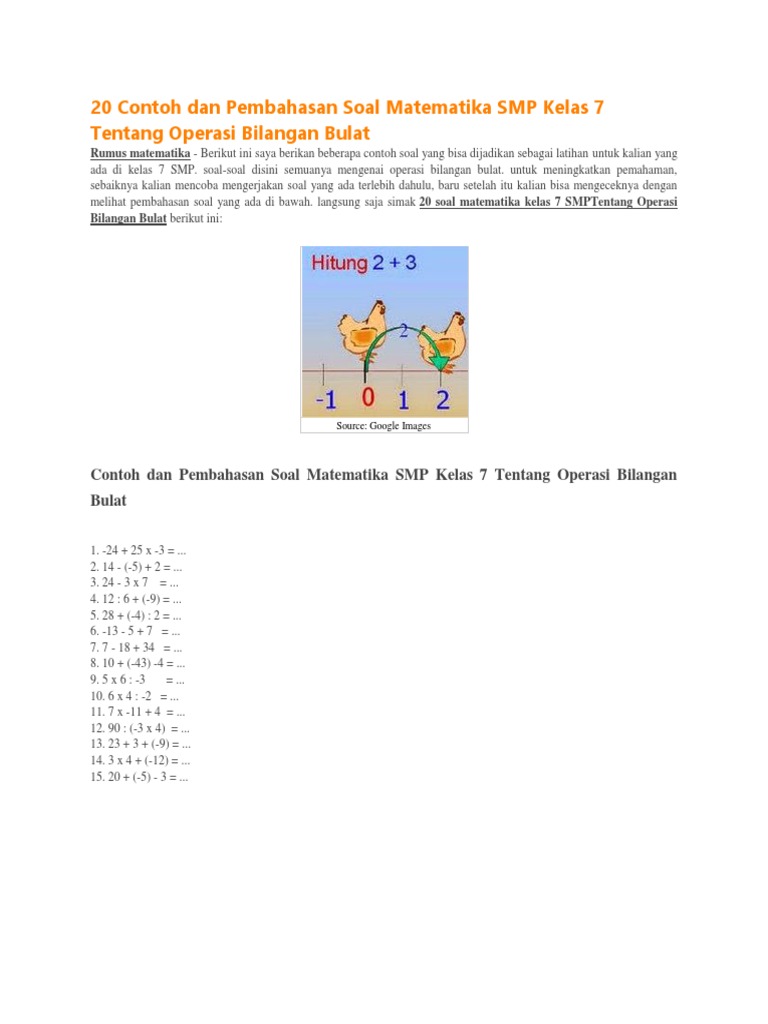 20 Contoh Dan Pembahasan Soal Matematika SMP Kelas 7 Tentang Operasi Bilangan Bulat | PDF
