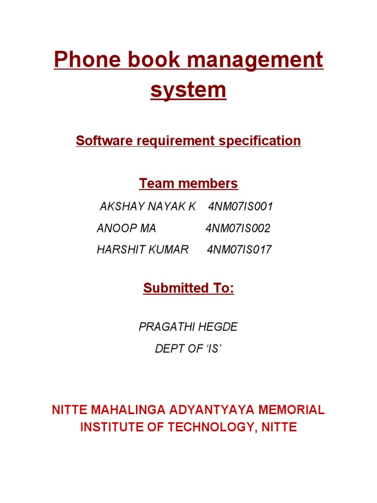 Phone Book Management System: Software Requirement Specification Team Members | PDF | Databases ...