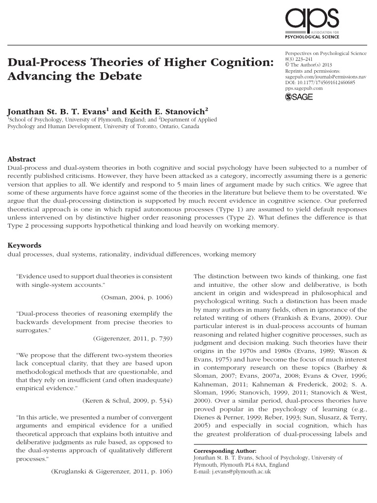 Dual Process Theory Evans - Stanovich - PoPS13 PDF | PDF | Theory | Reason