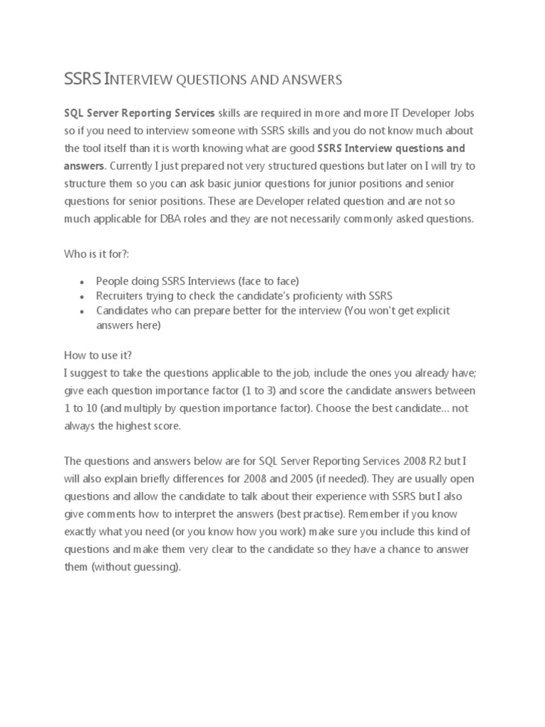 Ssrs Interview Questions and Answers | PDF | Microsoft Sql Server ...