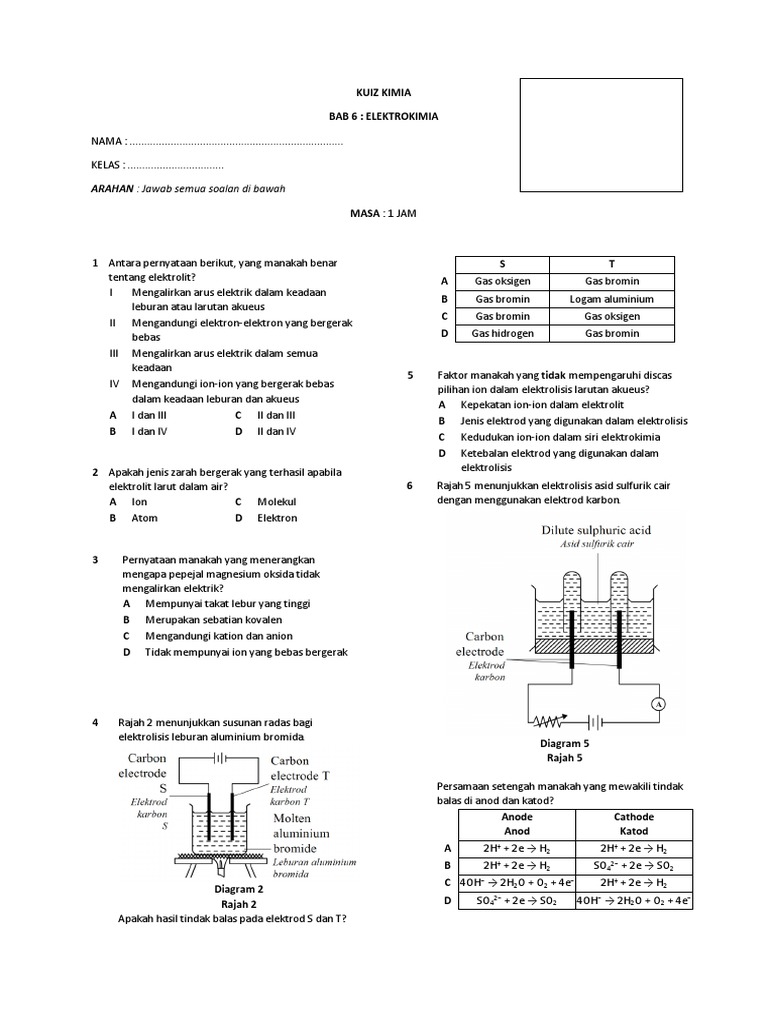 Kuiz Kimia Tingkatan 4 Bab 6: Elektrokimia | PDF