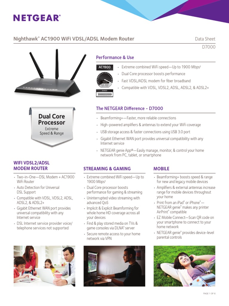 Netgear D7000 Nighthawk AC1900 WiFi VDSL/ADSL Modem Router Datasheet ...