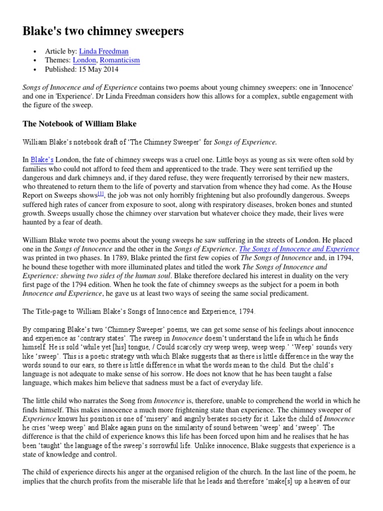 Blake's Chimney Sweeper Poems Highlight Child Labor Injustice | PDF ...