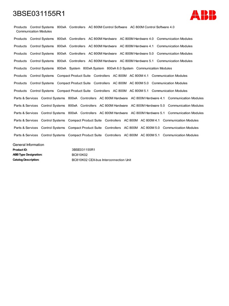3BSE031155R1 Bc810k02 Cex Bus Interconnection Unit | PDF | Electronic ...