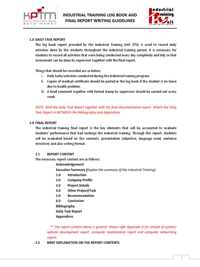 Industrial Training Log Book and Final Report Writing Guidelines | PDF ...