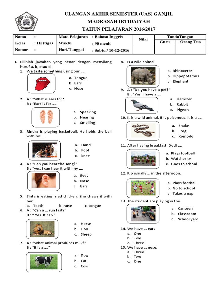 Soal Bhs - Inggris Klas 3 SMTR 1 | PDF | Animals And Humans | Domesticated Animals