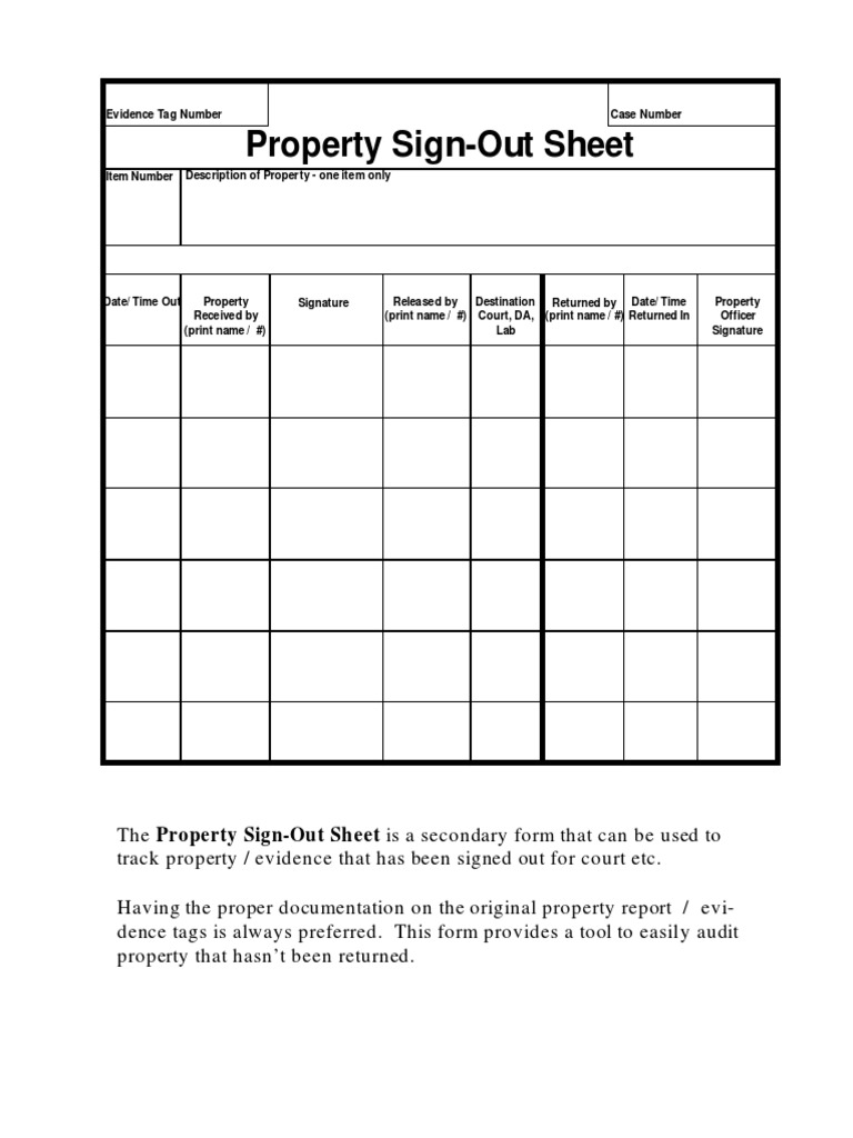 Property Sign Out Sheet