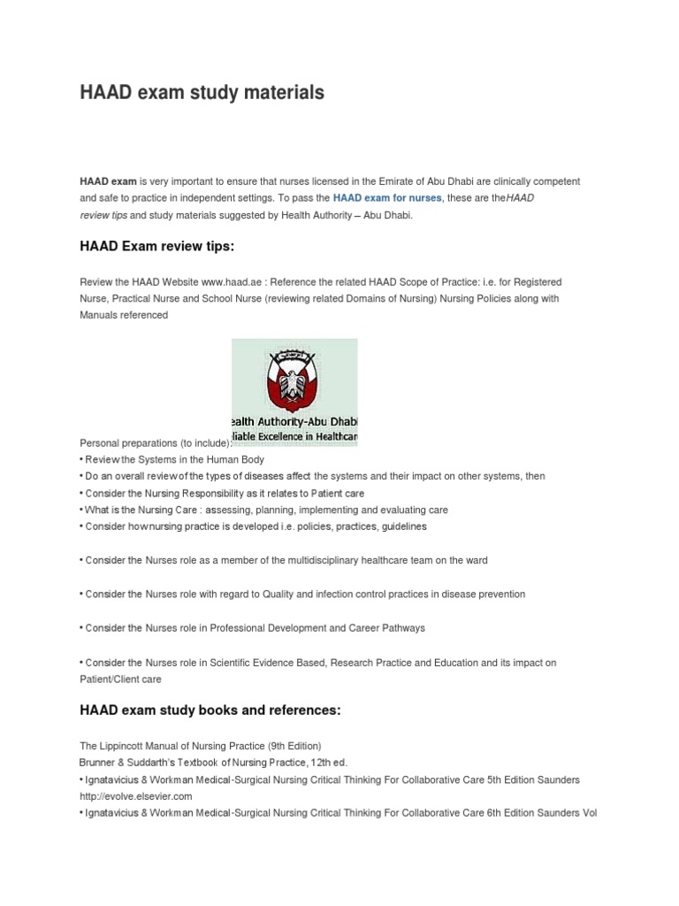 HAAD Exam Study Materials | PDF | Nursing | Physical Examination
