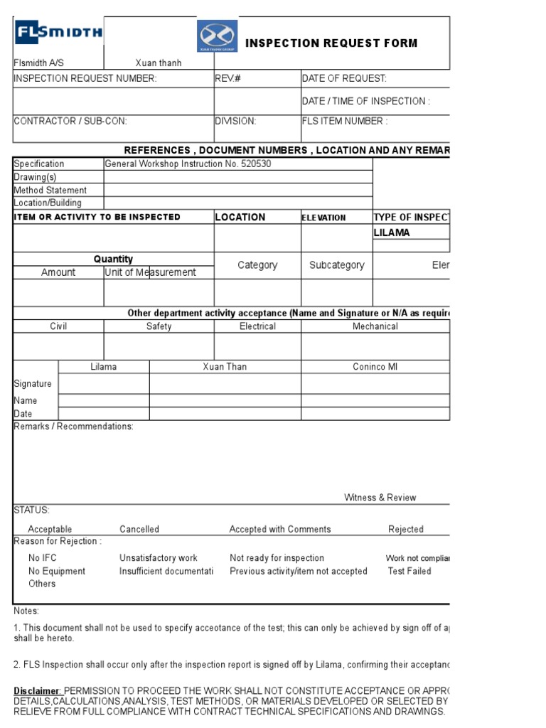References, Document Numbers, Location and Any Remarks: Inspection ...
